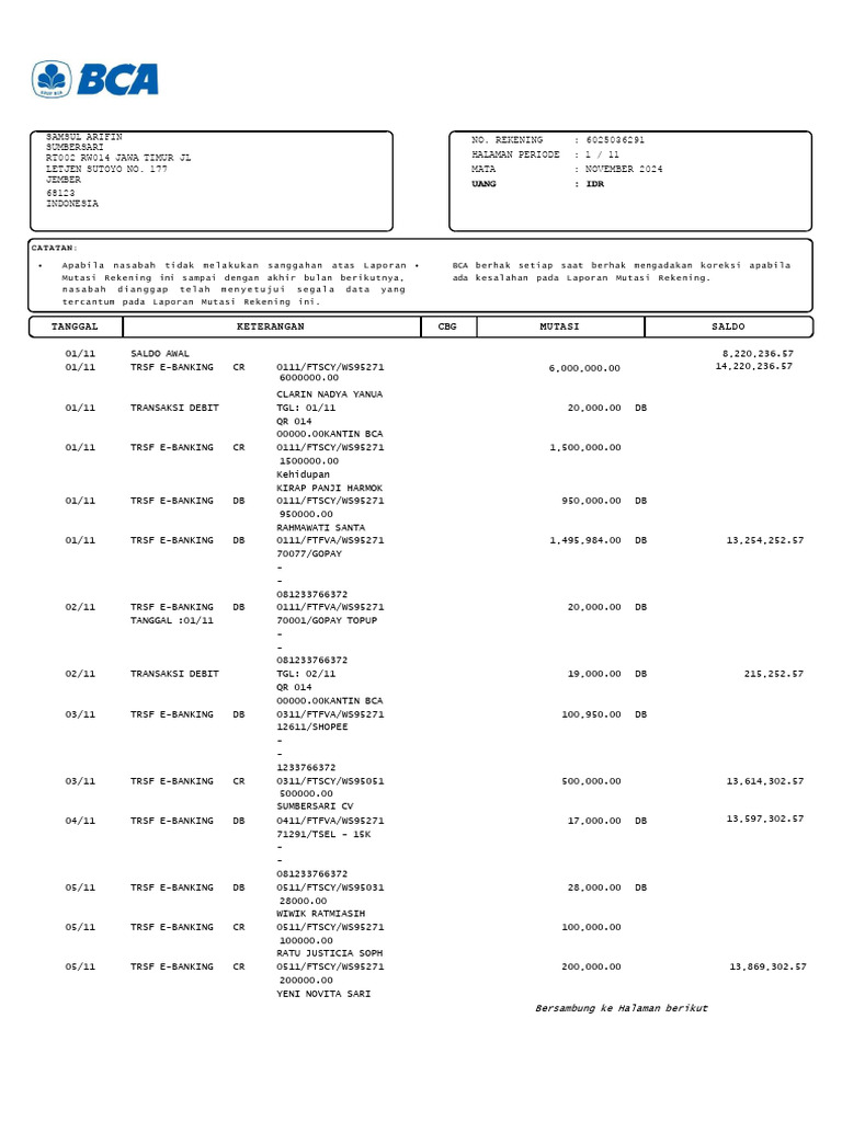 Laporan Mutasi Rekening BCA November 2024 | PDF