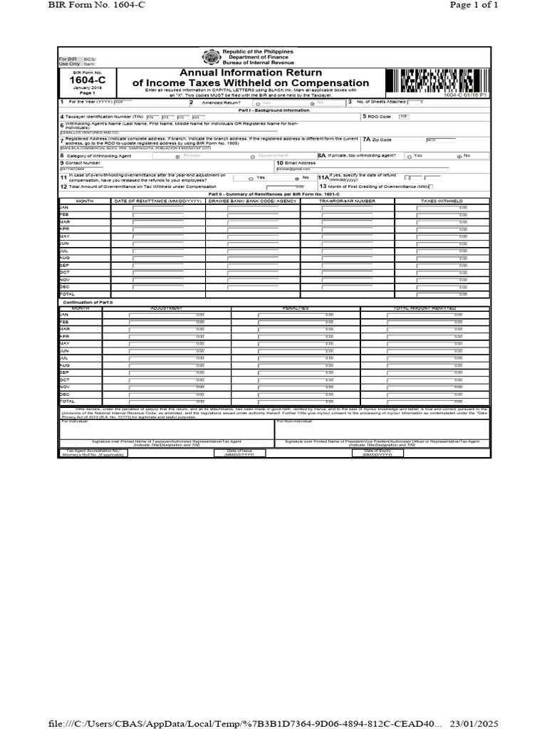 BIR Form 1604-C: Annual Tax Return 2024 | PDF | Public Finance | Taxation