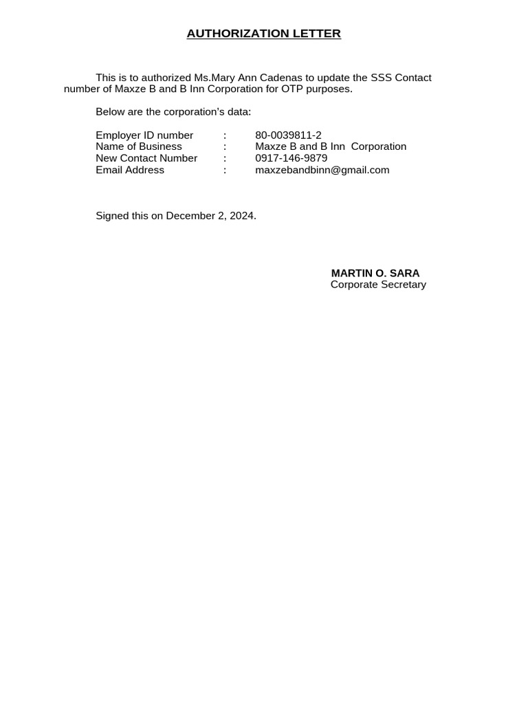 Authorization Letter Maxze Sss | PDF