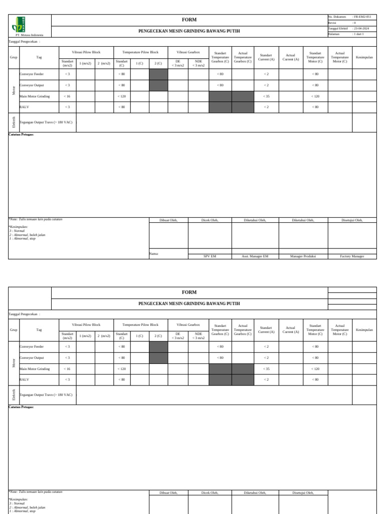 FR-EM2-051 Pengecekan Mesin Grinding Bawang Putih | PDF