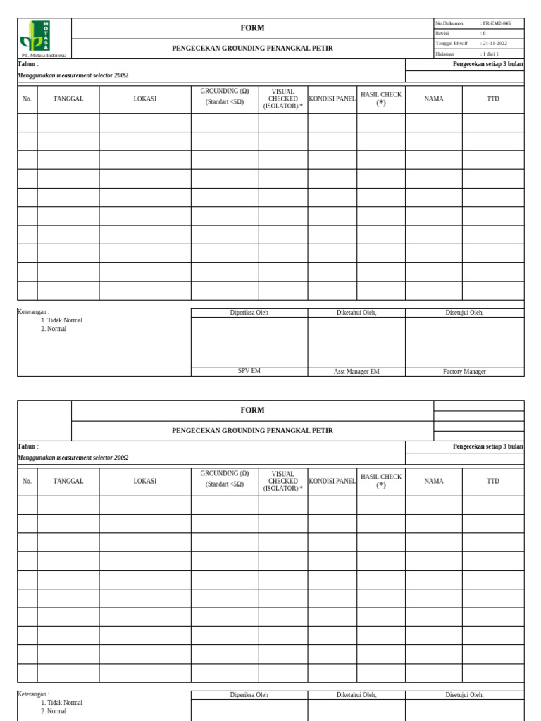 FR-EM2-045 Pengecekan Grounding Penangkal Petir | PDF