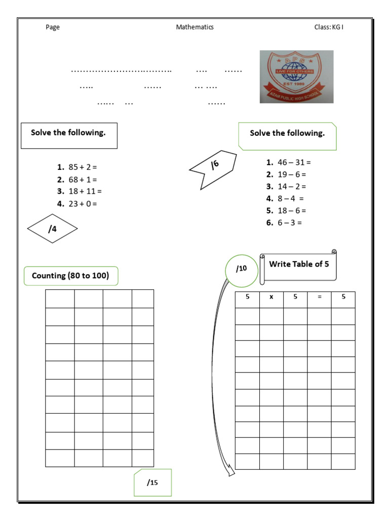KG I MATHS 3rd term paper | PDF