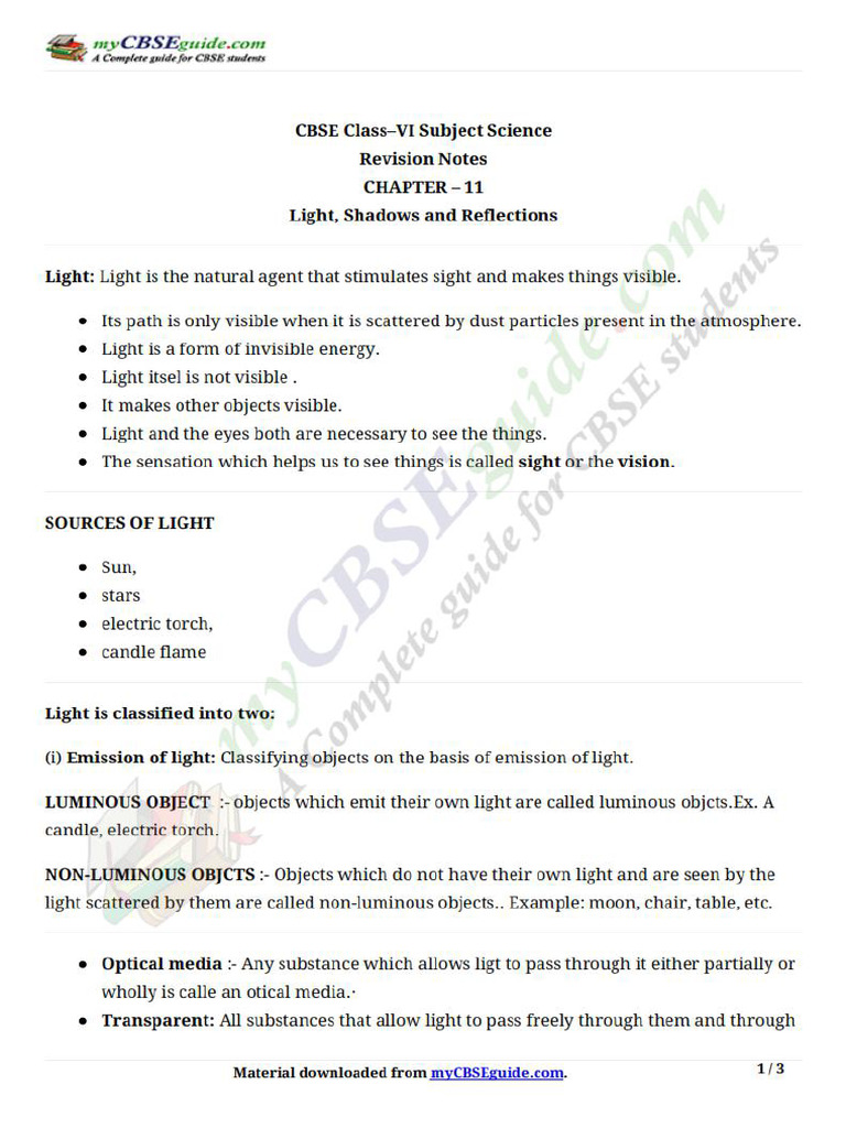 06 Science ch11 Light Shadow and Reflections | PDF