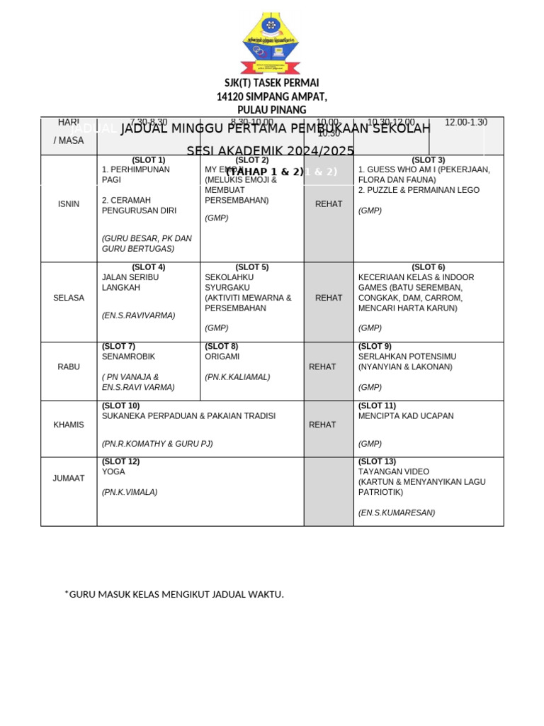 JADUAL MINGGU PERTAMA 2024 | PDF