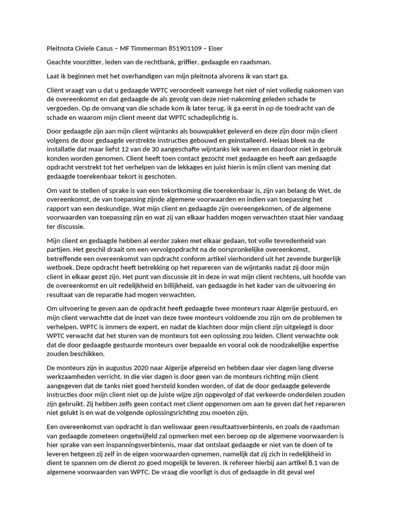 Pleitnota Eiser Civiele Casus - MF - Timmerman | PDF