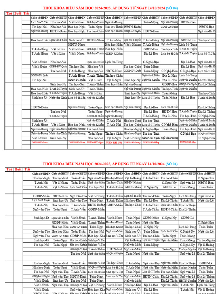 TKB Tuần 06 (14-10-2024) .Sáng | PDF