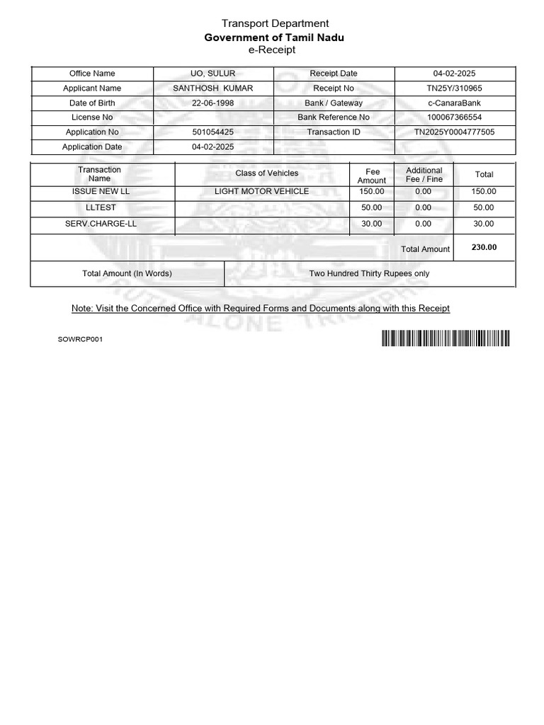 Tamil Nadu e-Receipt for New LL Application | PDF