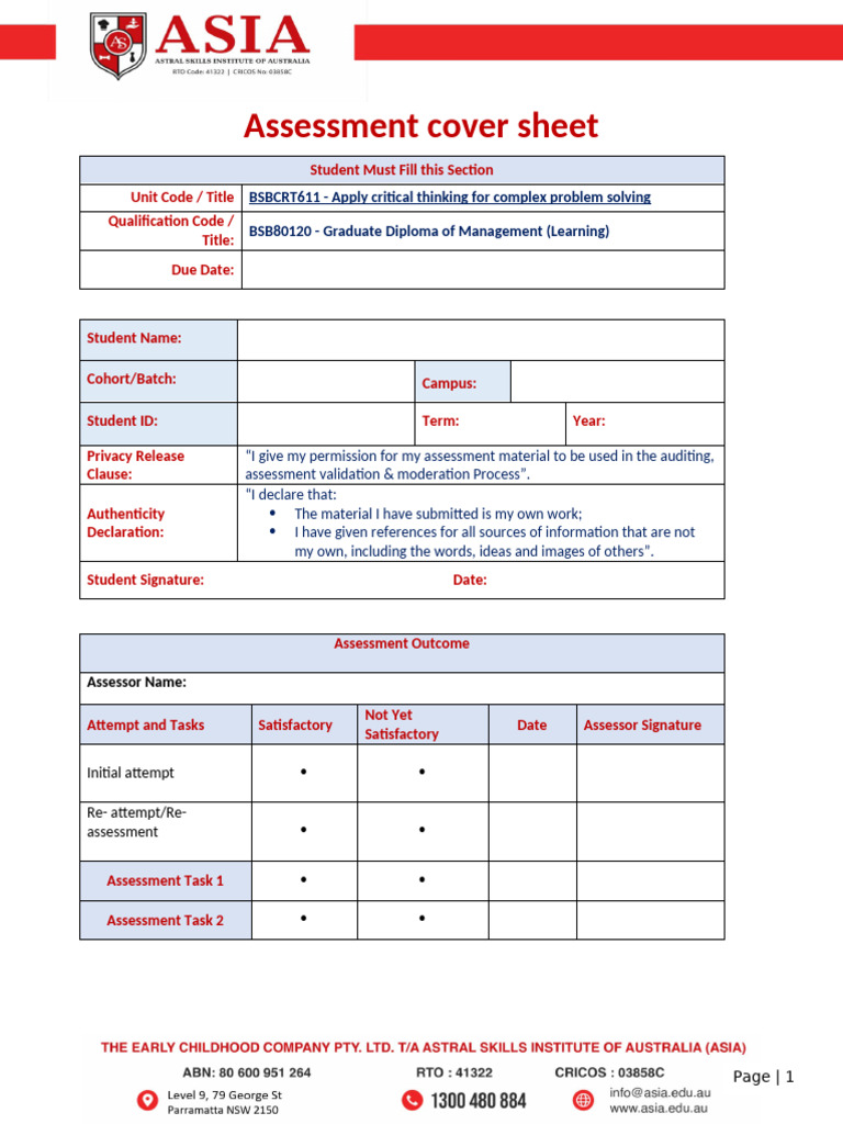 BSBCRT611 Assessment Cover Sheet Guide | PDF | Plagiarism | Risk