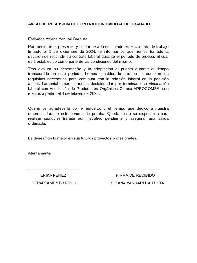 Rescisión de Contrato Laboral en Prueba | PDF