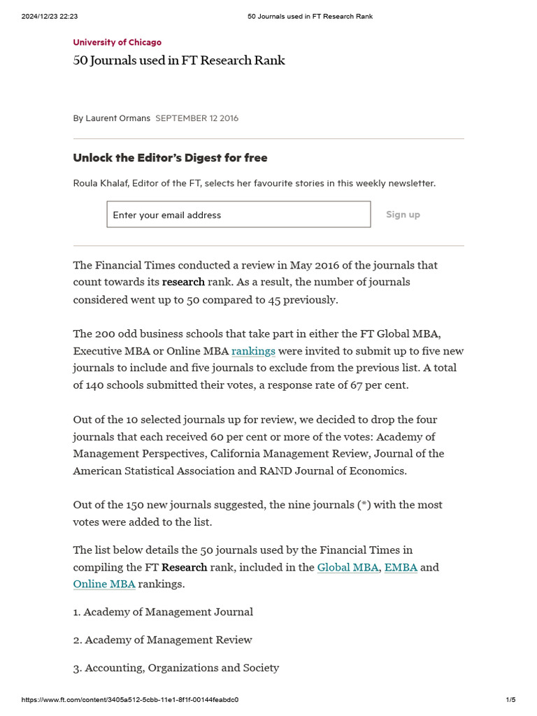 50 Journals Used in FT Research Rank | PDF | Master Of Business ...