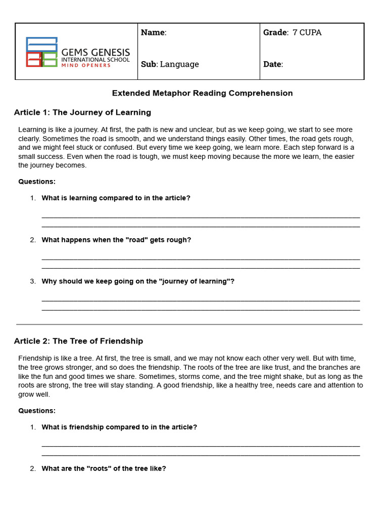 GR7 - Remedialworksheets - Extended Metaphor RC | PDF