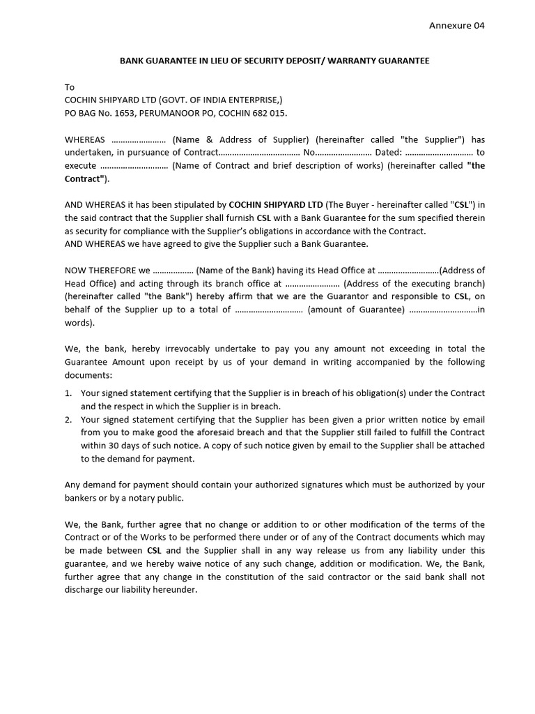 Annexure 3 - Performance Bank Guarantee Format | PDF | Guarantee ...