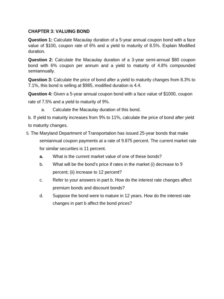 Bond Valuation and Duration Calculations | PDF