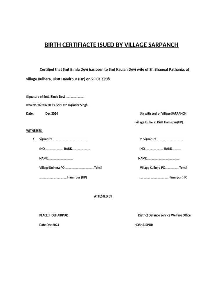 Birth Certificate Issued by Village Sarpanch | PDF