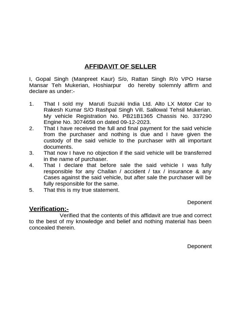AFFIDAVIT OF SELLER | PDF | Affidavit | Transport