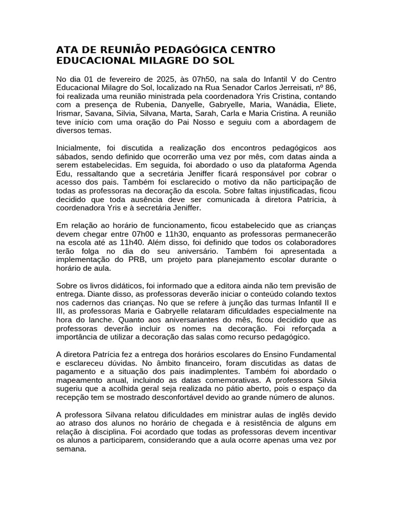 Ata de Reunião Pedagógica Centro Educacional Milagre Do Sol | PDF | Pedagogia | Páscoa