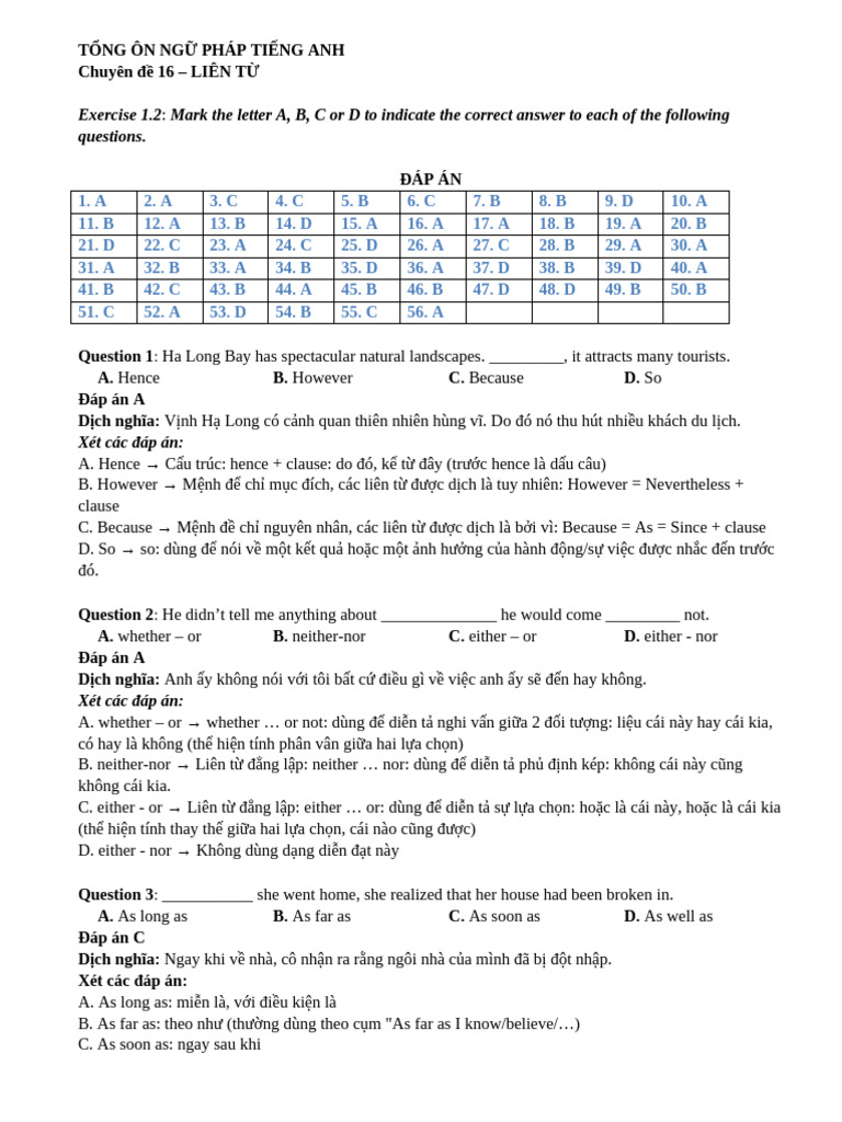 Đáp án Tổng ôn ngữ pháp tiếng anh CD16 Exercise | PDF