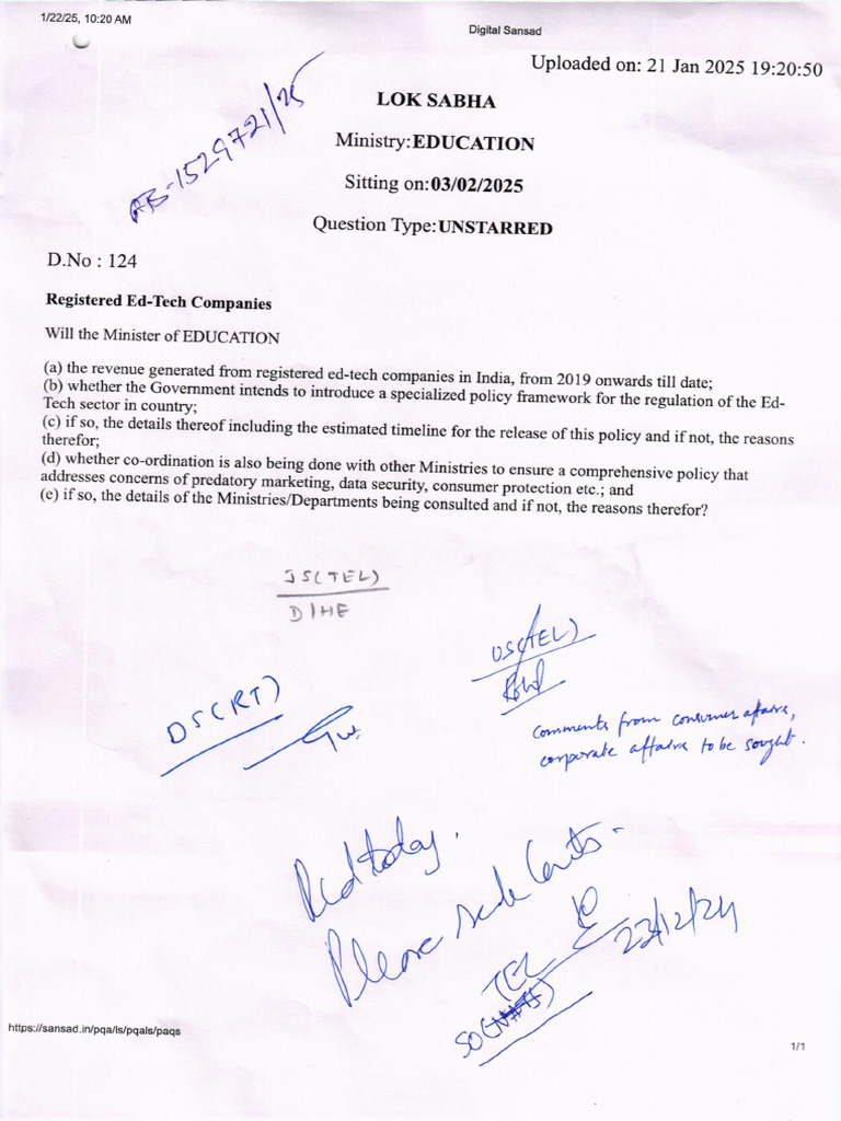 Provisionally Admitted Lok Sabha Unstarred Question Dy. No. 124 to Be ...