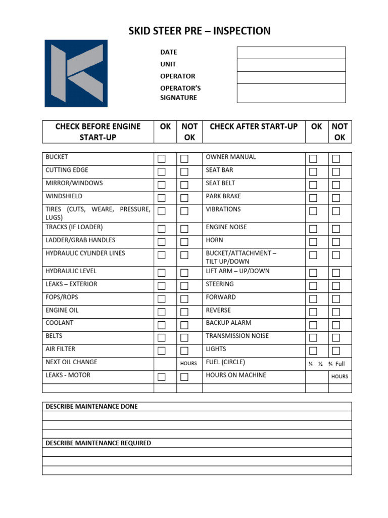 Skid Steer Pre-Inspection Checklist | PDF