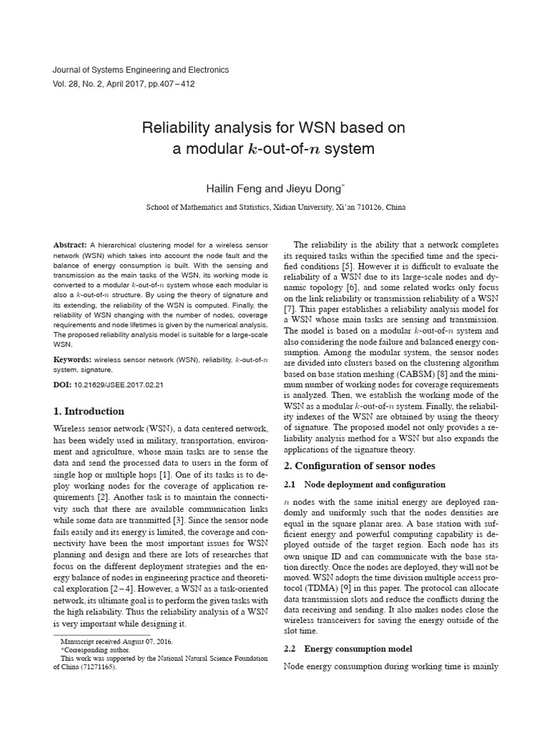 Reliability Analysis For WSN Based On A Modular K-Out-Of-N System | PDF ...