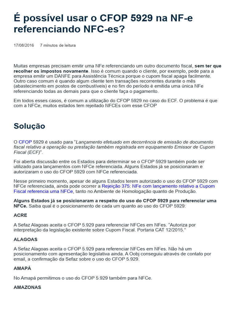 REVISAR É Possível Usar o CFOP 5929 Na NF-e Referenciando NFC-es_ - Base de Conhecimento - Oobj ...