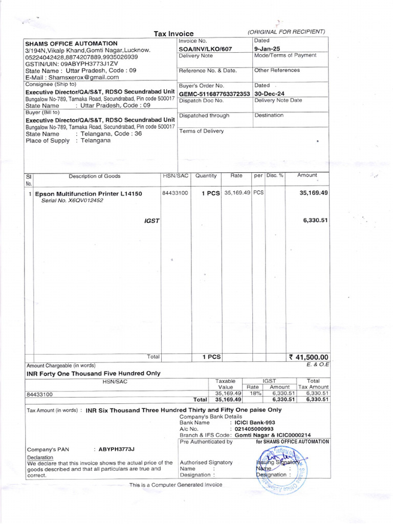 EPSON COLOUR PRINTER INVOICE | PDF | Invoice | Taxes