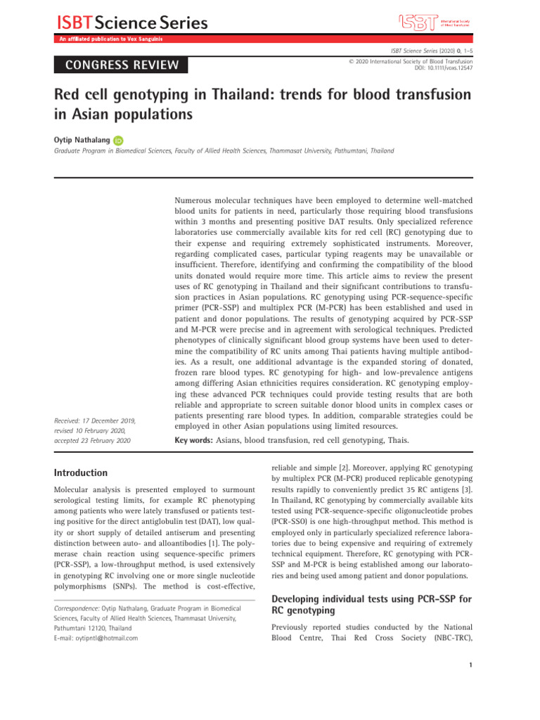 Red cell genotyping in Thailand trends for blood transfusion in Asian ...