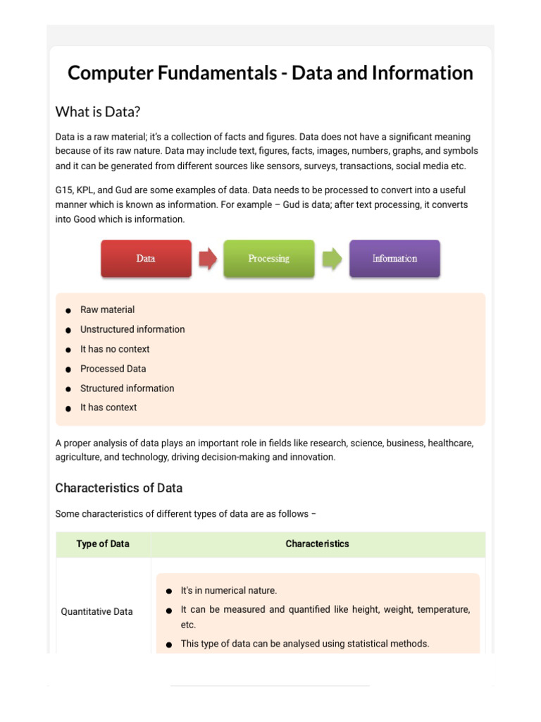 Computer Fundamentals - Data and Information | PDF | Data | Information