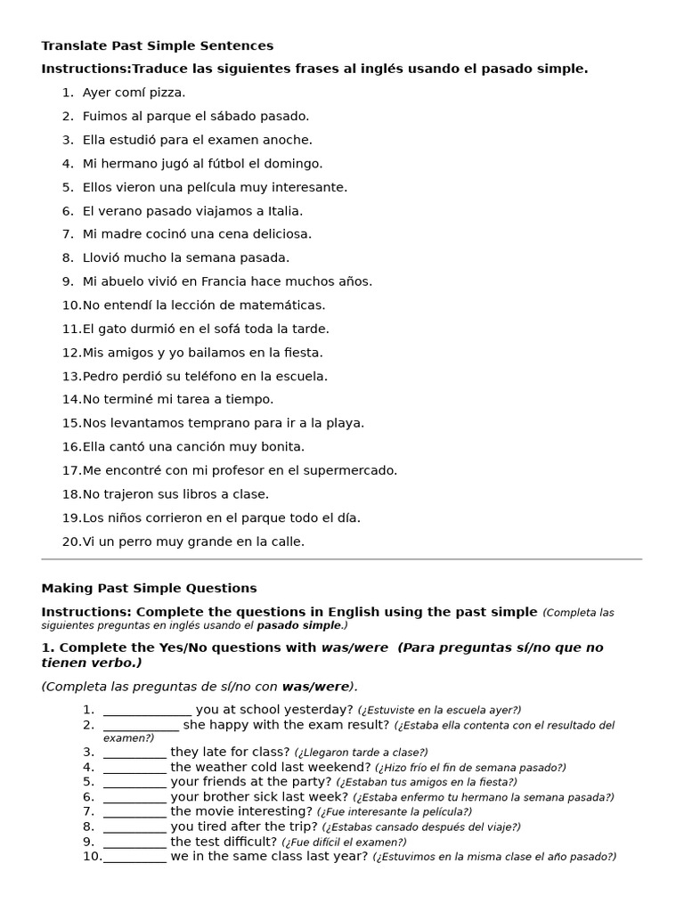 A2 Past Simple Translating and Questions | PDF