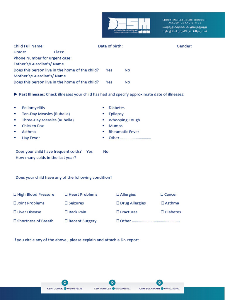 Child Health and Medical History Form | PDF