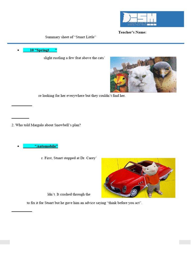 G4 Week5 Literature Stuart Little Summary Sheet PDF | PDF