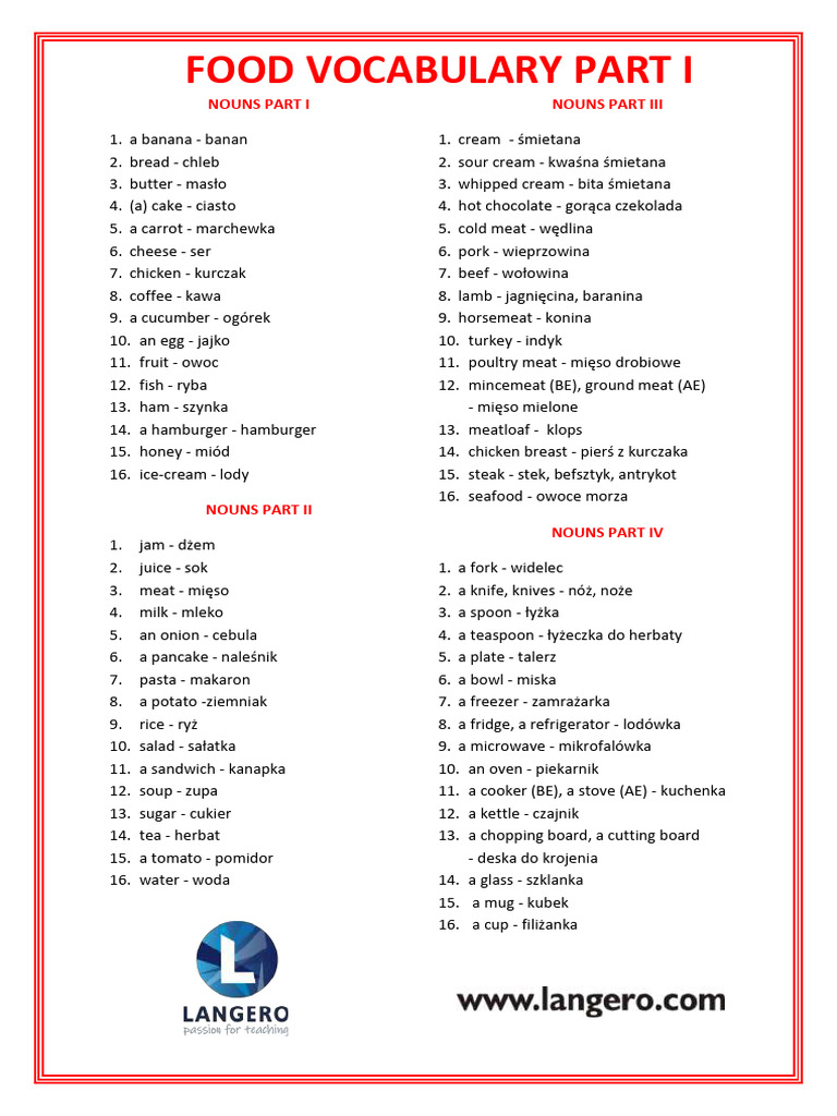 Langero-Food-Vocabulary-PART-I-III | PDF