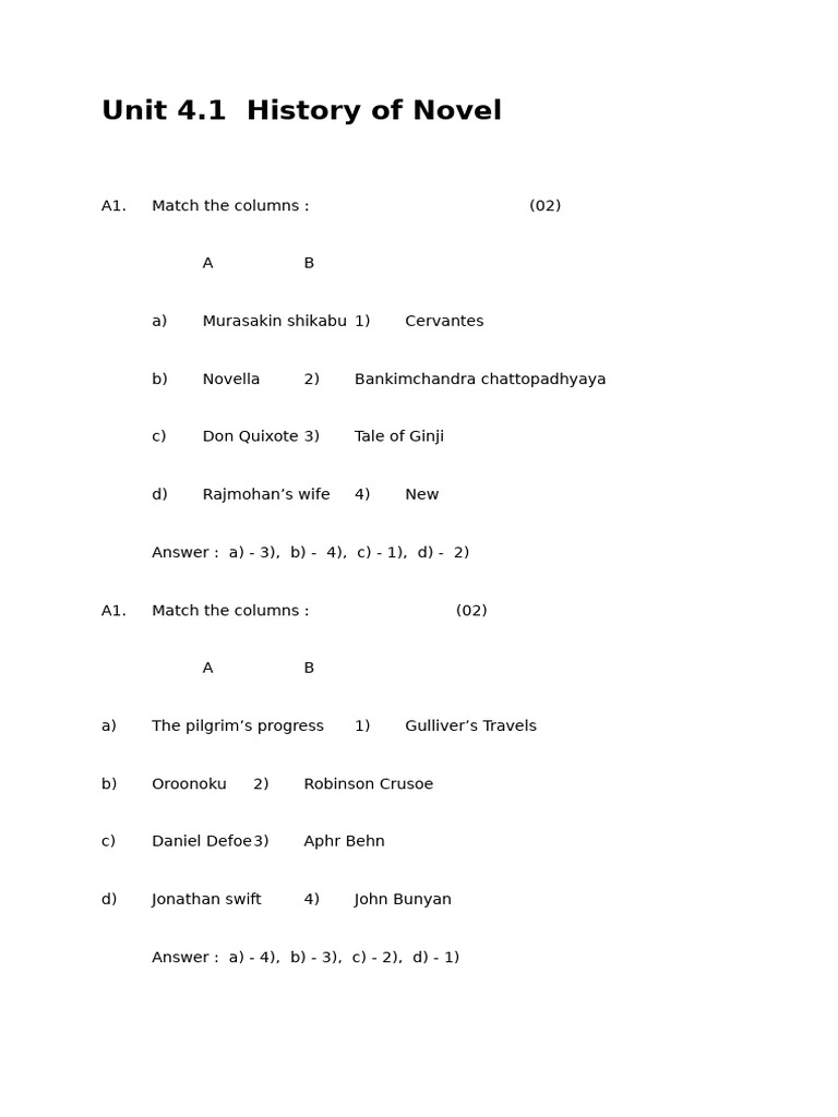 History of the Novel: Matching & True/False | PDF | Novels