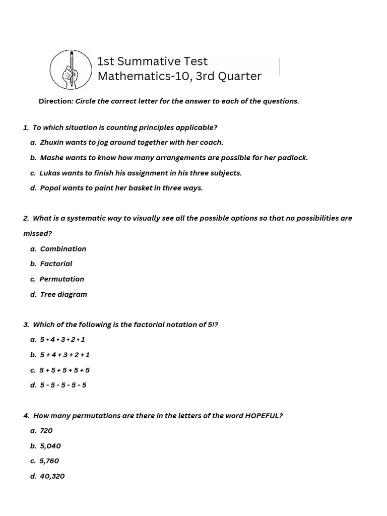 Summative Test in Mathematics-10 | PDF | Permutation | Combinatorics