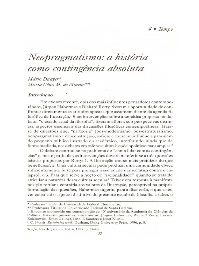 (1997) Mario Duayer, M C Moraes - Neopragmatismo - A História Como ...