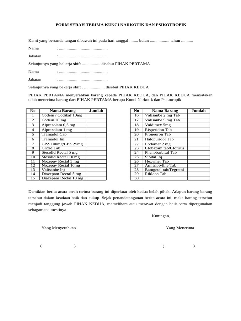 Form Serah Terima Kunci Narkotik Dan Psikotropik-1 | PDF