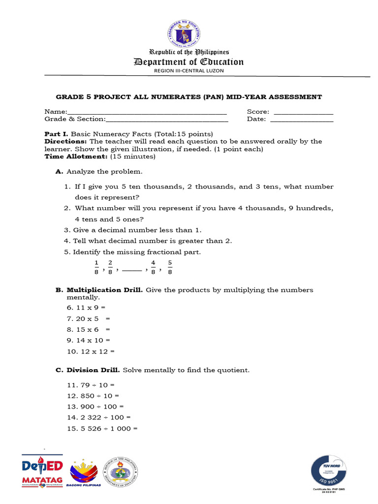 Grade 5 Mid-Year Assessment Guide | PDF | Numbers | Mathematics