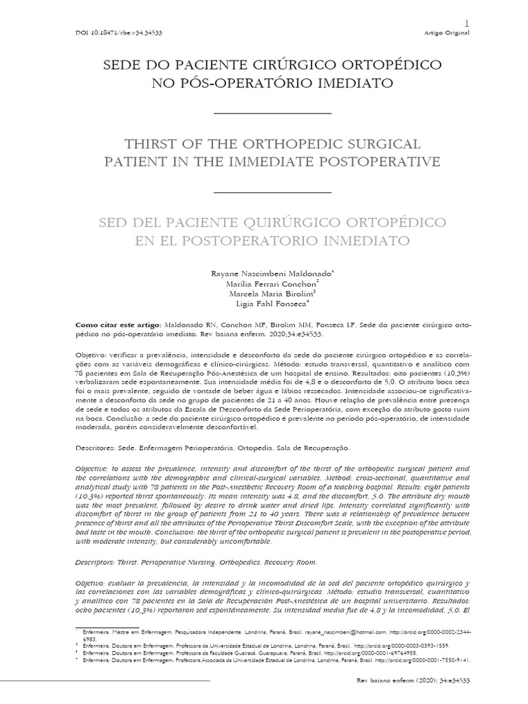 2020 - Rayane Maldonado - Sede Do Paciente Cirúrgico Ortopédico No Pós-Operatório Imediato | PDF ...