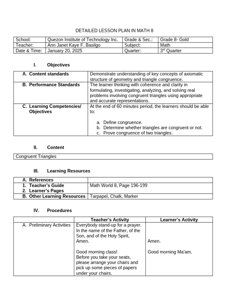 Math 8 Lesson Plan: Congruent Triangles | PDF | Elementary Mathematics ...