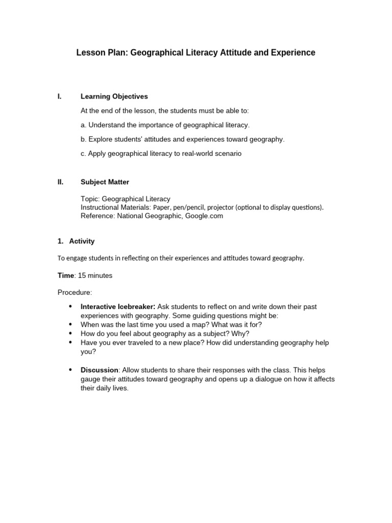 Geographical Literacy Lesson Plan | PDF | Geography | Literacy