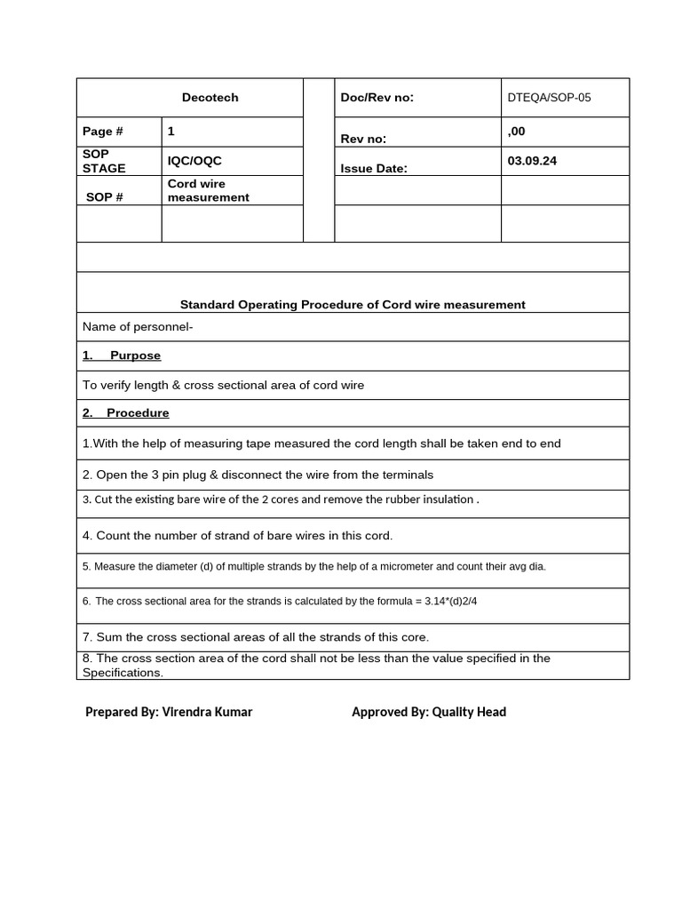 SOP Cord Wire Measurement | PDF