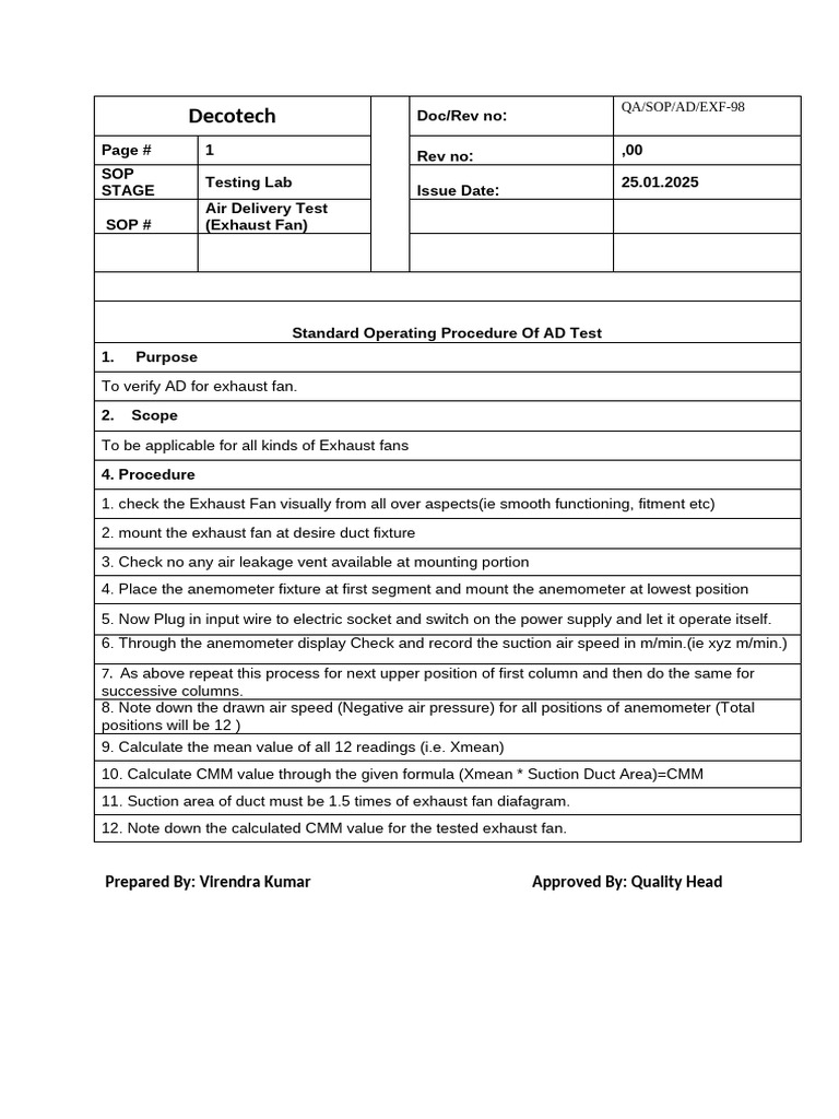 Exhaust Fan Air Delivery Testing SOP | PDF