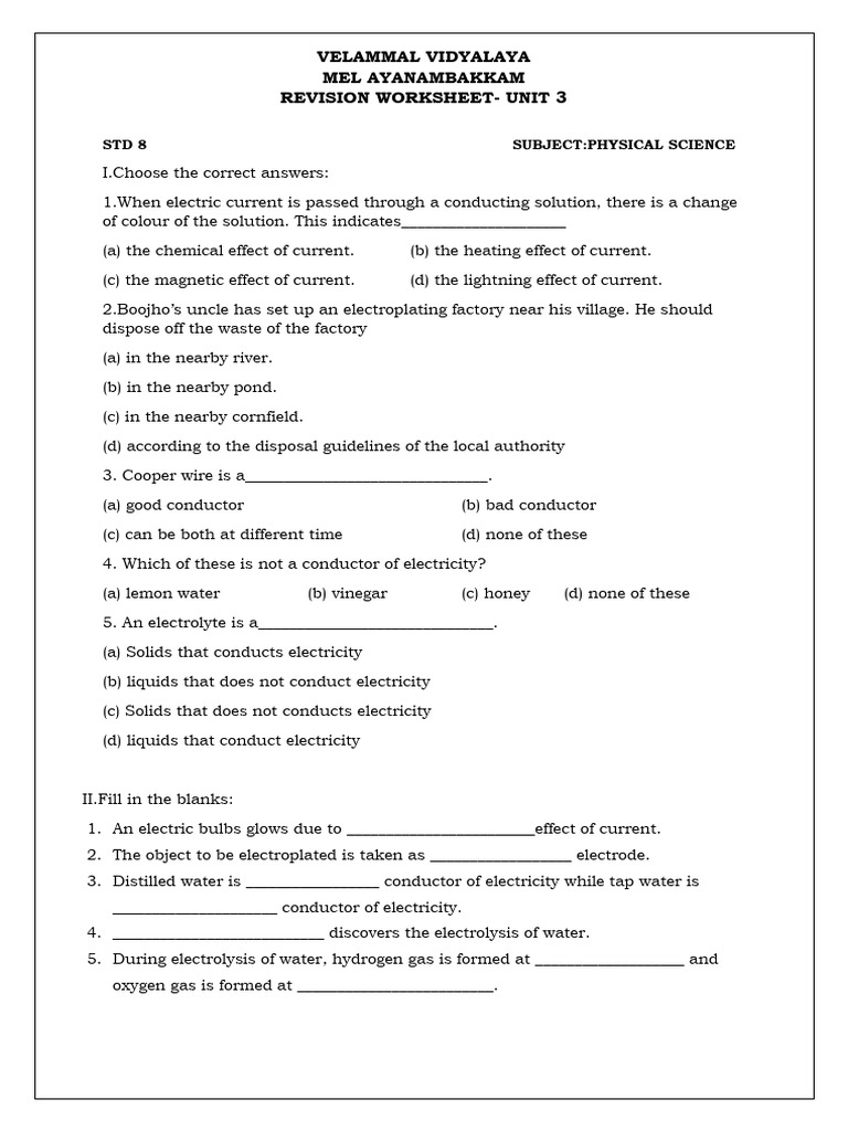 STD 8 Unit 3 Worksheet Phy Sci | PDF | Electricity | Electrochemistry