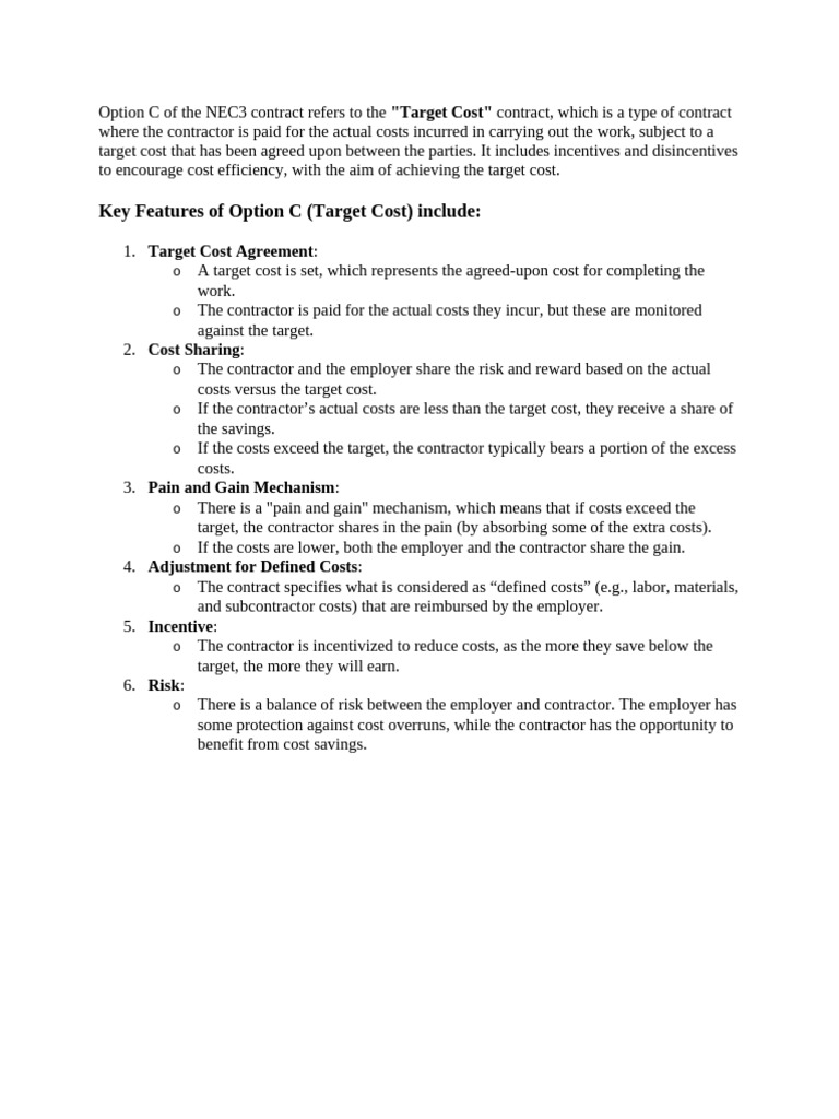NEC3 Option C: Target Cost Explained | PDF