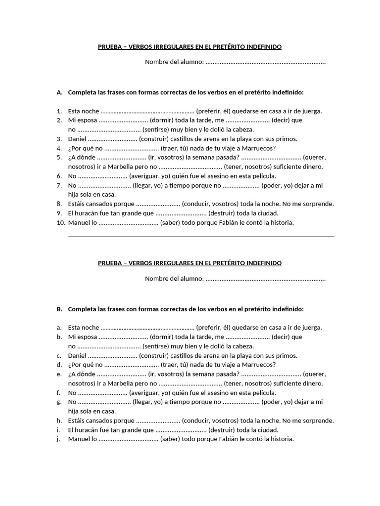 Prueba: Verbos Irregulares Pretérito | PDF