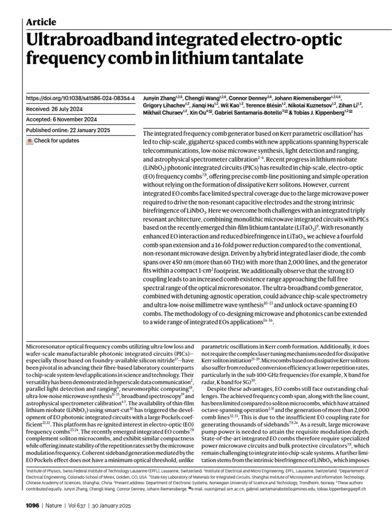 (期刊文章) - Zhang - 2025 - Ultrabroadband integrated electro-optic frequency comb in lithium ...