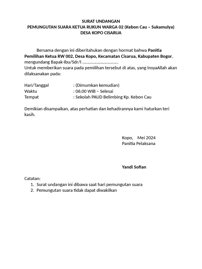 Surat Undangan Pemilihan RW 002 | PDF