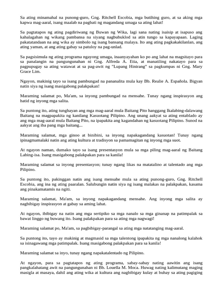 Script For Buwan NG Wika | PDF