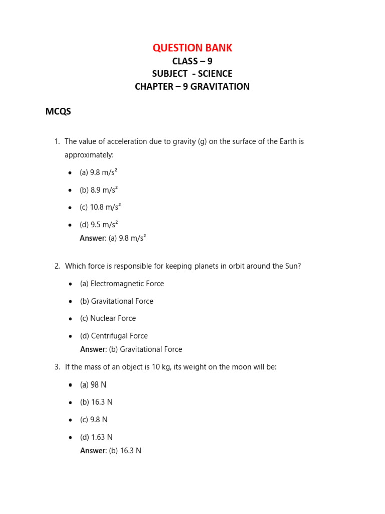 Class - 9 Science CH - 9 Question Bank | PDF | Force | Gravity