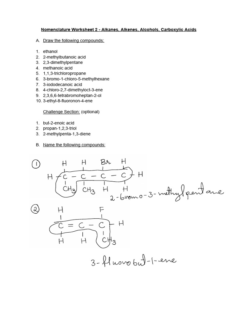 Nomenclature WS 2 - Alkanes, Alkenes, Alcohols, Carboxylic Acids 5 ...